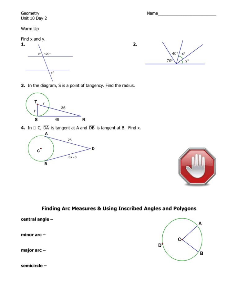 Geometry: Arc Measures & Inscribed Angles Worksheet
