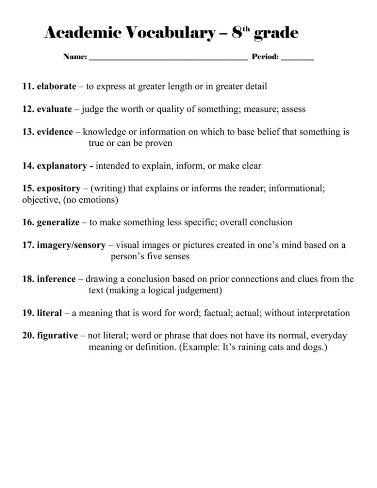 Academic Vocabulary – 8 grade