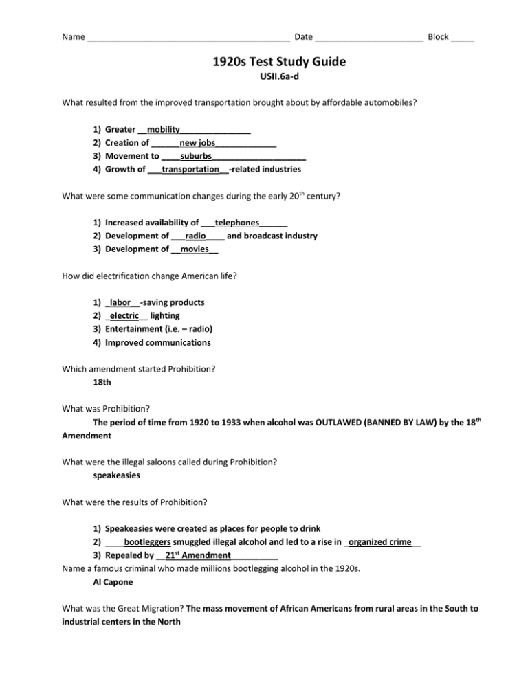 1920s US History Study Guide: Transportation, Culture, Prohibition