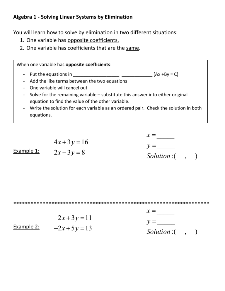 Algebra 1 - Solving Linear Systems by Elimination