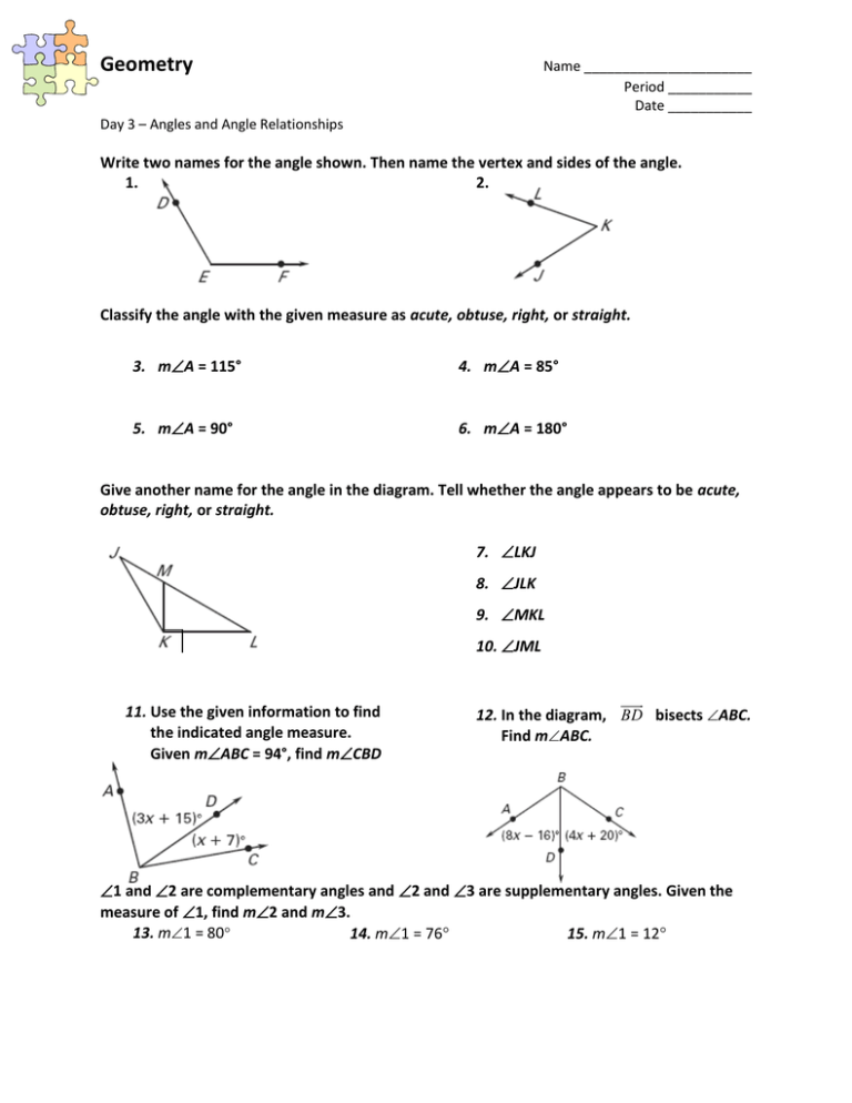 Geometry: Angles and Angle Relationships Worksheet