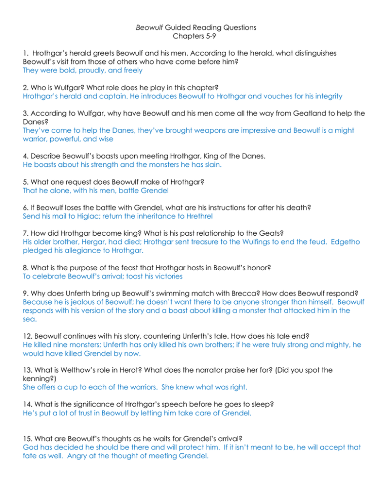 Beowulf Chapters 5-9 Guided Reading Questions