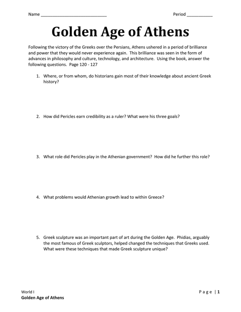 Golden Age of Athens Worksheet: History & Culture
