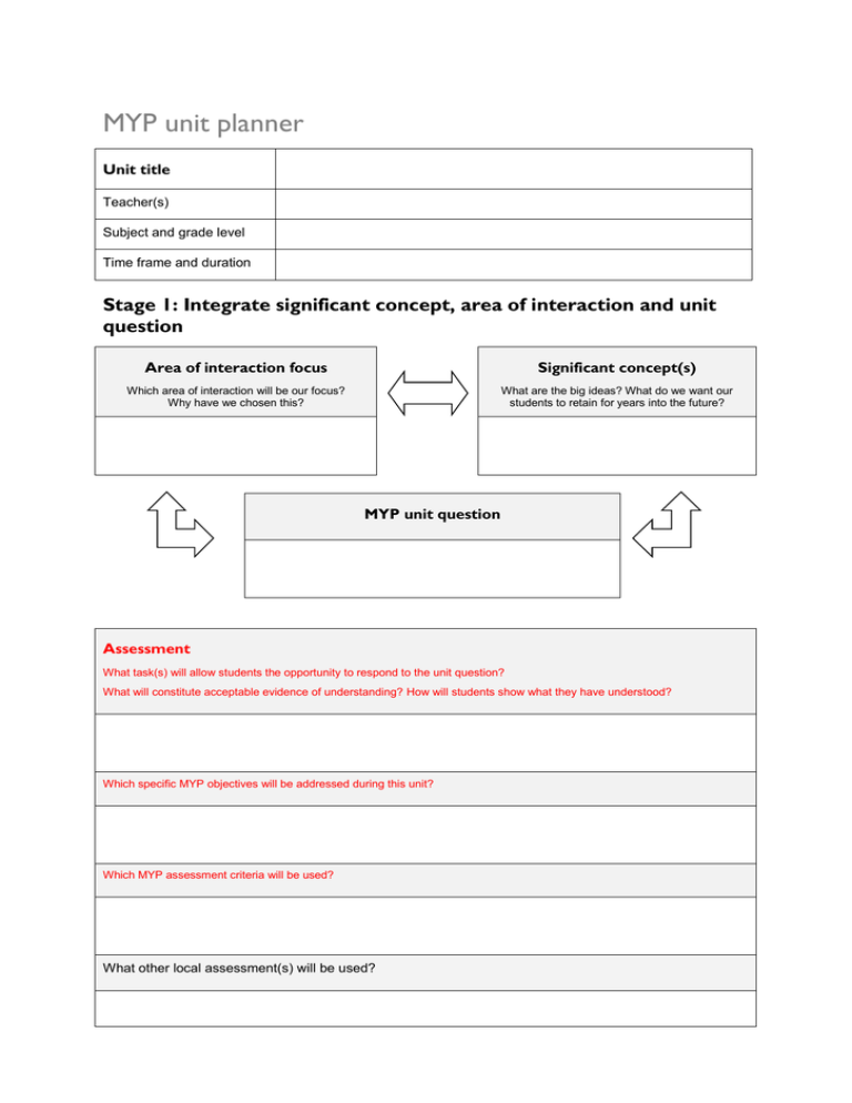 MYP Unit Planner Template: Curriculum Design