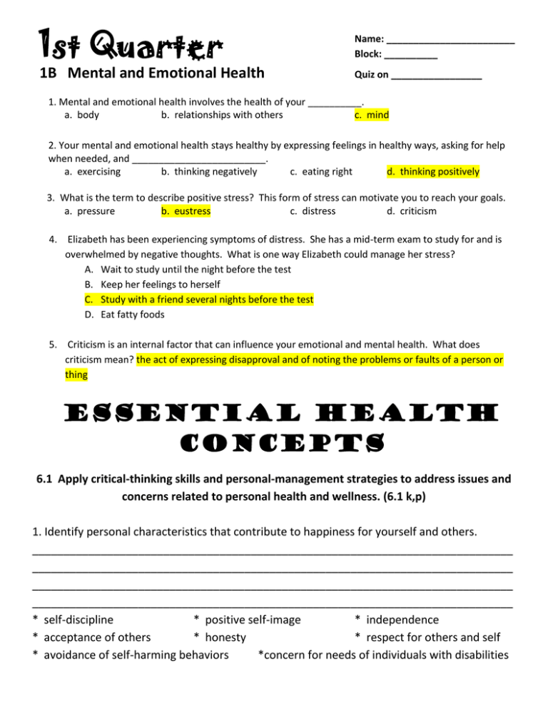 Mental & Emotional Health Quiz: High School Level