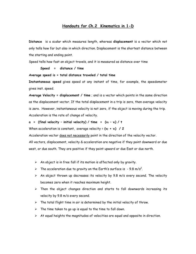 Handouts for Ch.2 Kinematics in 1-D