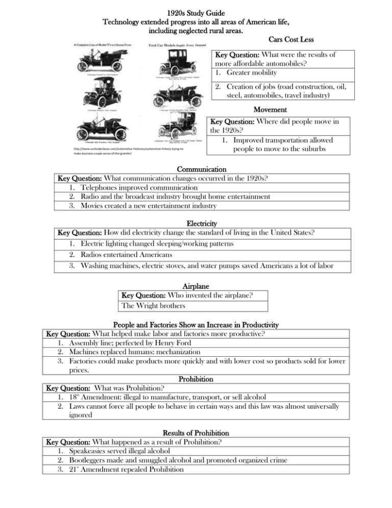 1920s Study Guide including neglected rural areas.