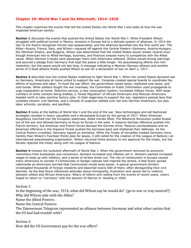 WWI & Aftermath Study Guide: 1914-1920