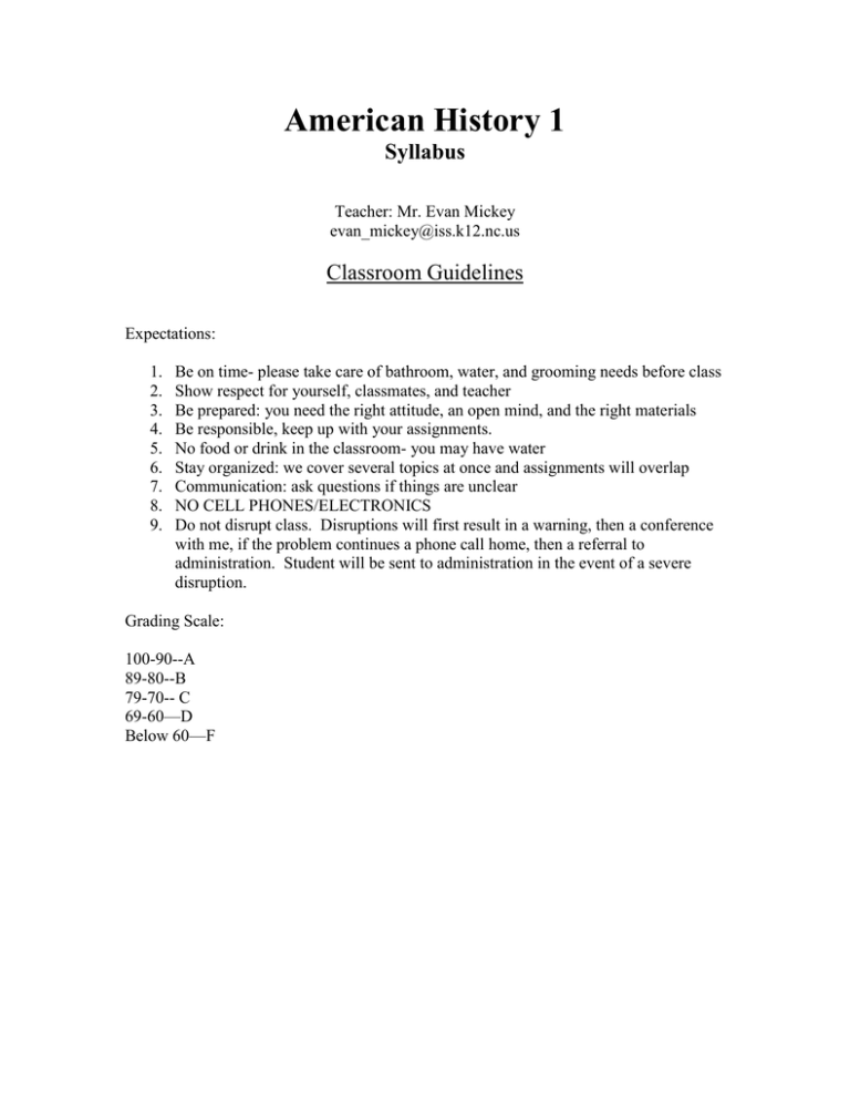 American History 1 Syllabus Classroom Guidelines