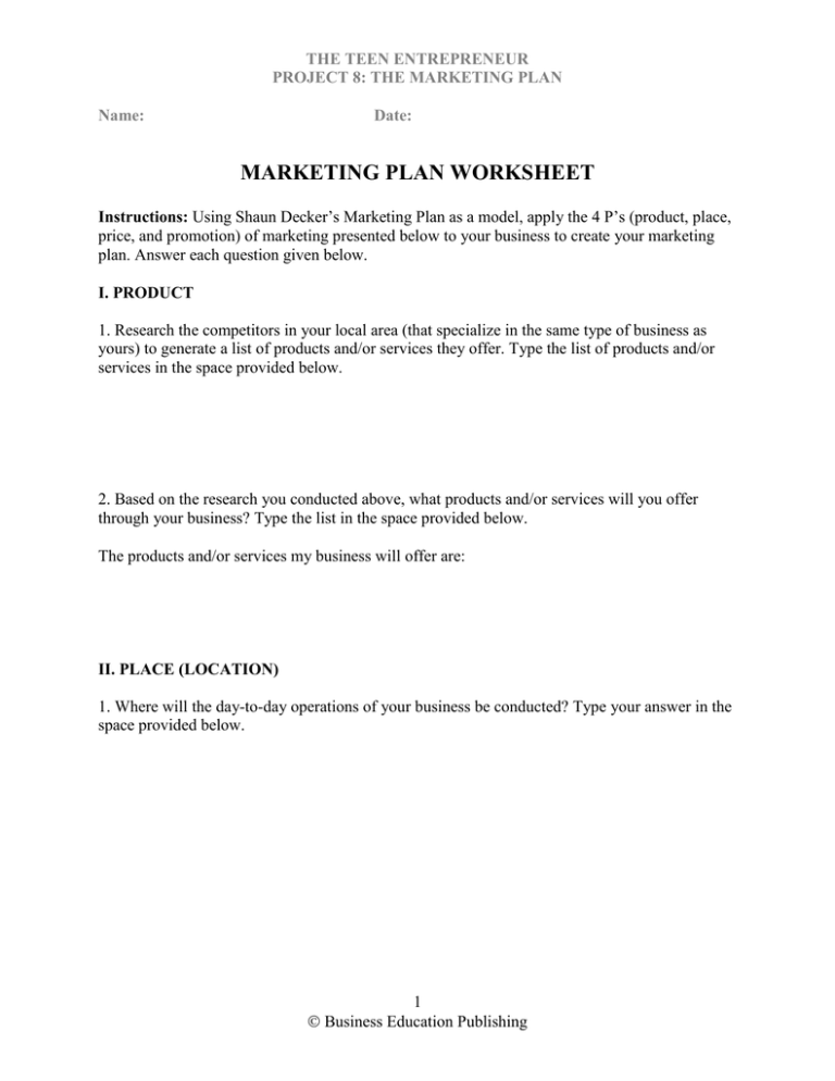Teen Entrepreneur Marketing Plan Worksheet