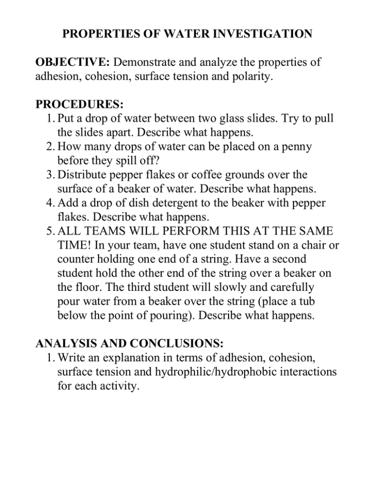 Water Properties Lab: Adhesion, Cohesion, Surface Tension