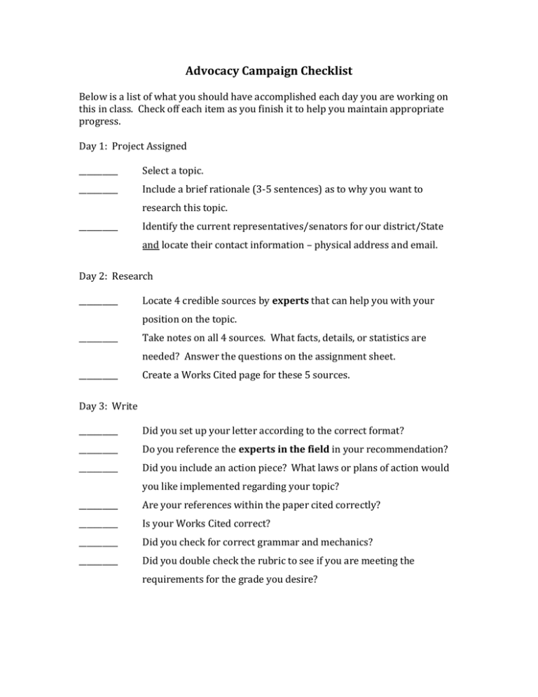 Advocacy Campaign Checklist