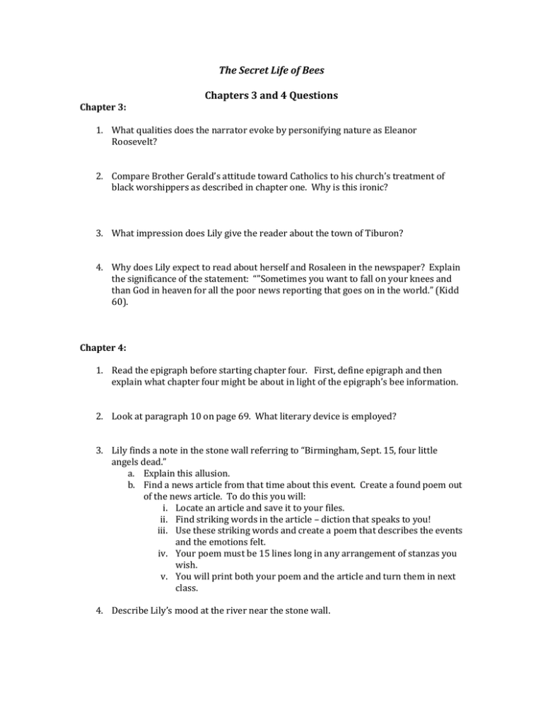 The Secret Life of Bees: Chapters 3 & 4 Questions