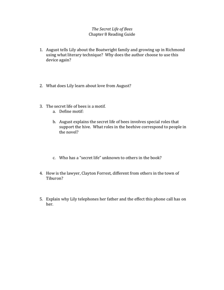 The Secret Life of Bees Chapter 8 Reading Guide