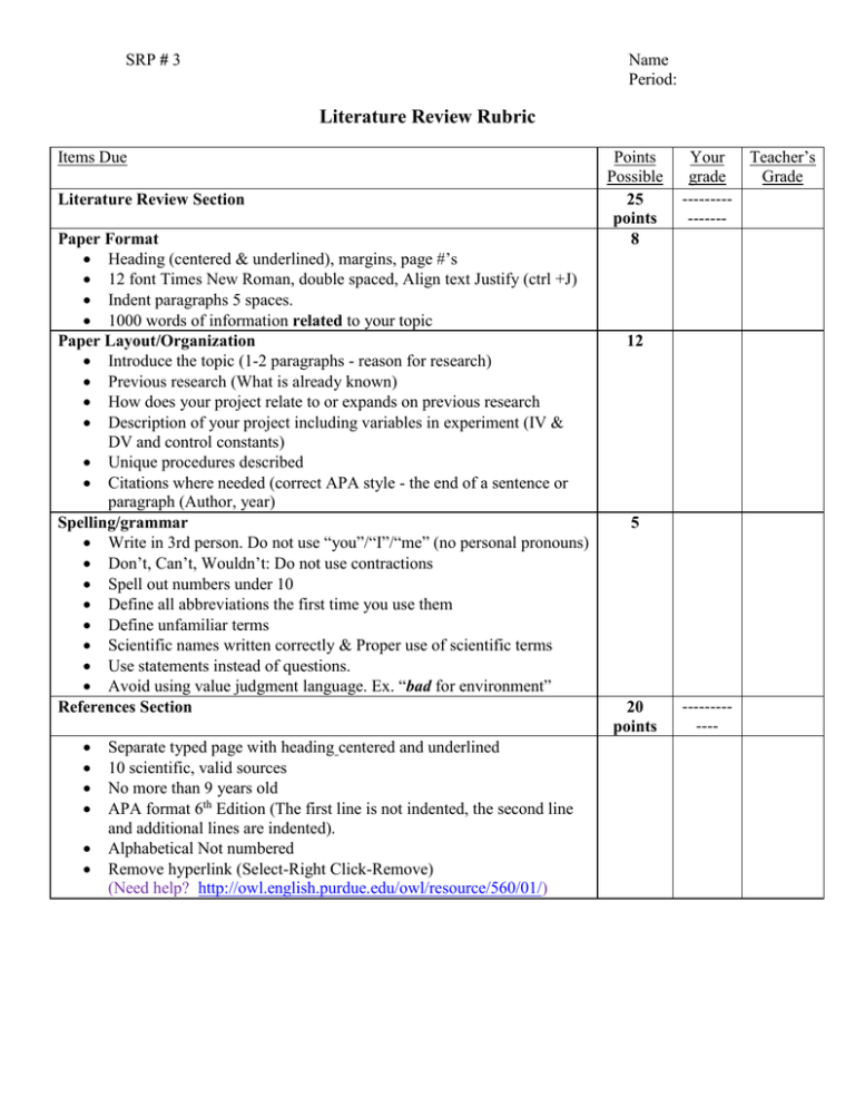 Literature Review Rubric - Science Project Assessment
