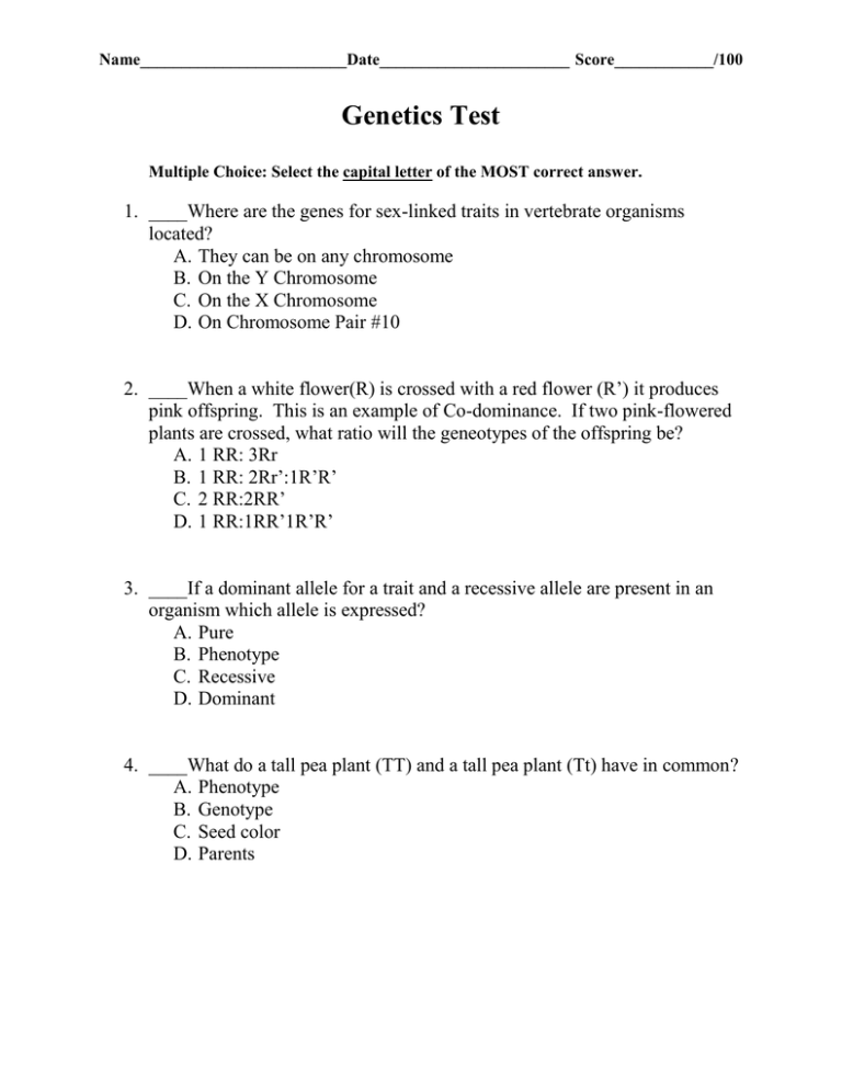 Genetics Test: High School Level