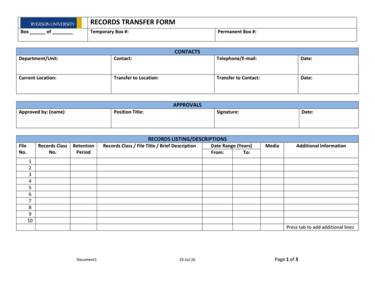 RECORDS TRANSFER FORM CONTACTS
