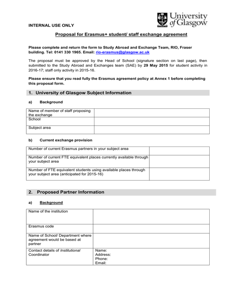 Erasmus+ Exchange Proposal Form - University of Glasgow