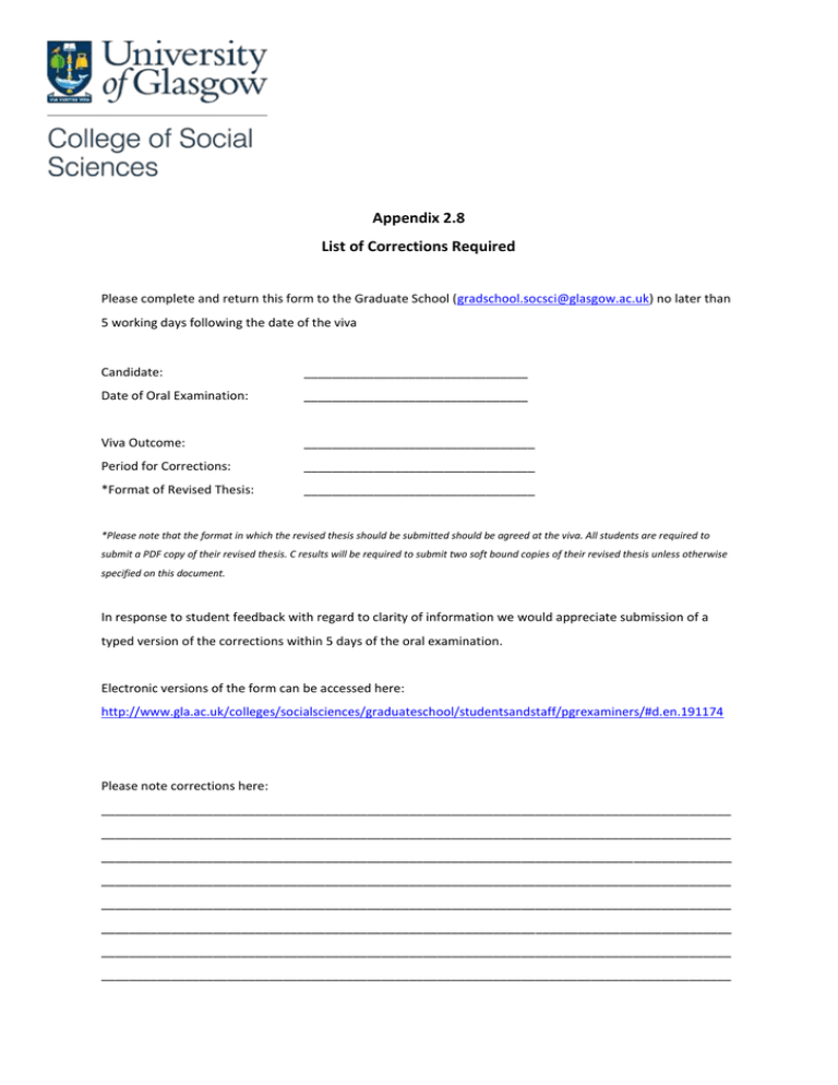Appendix 2.8 List of Corrections Required
