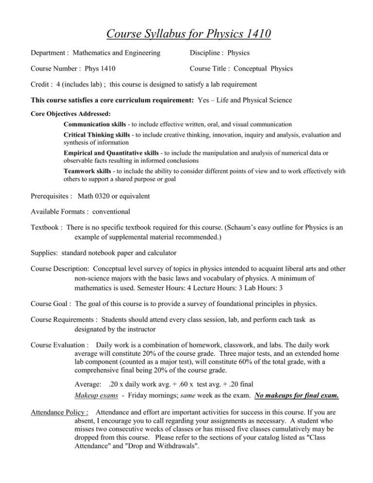 Physics 1410: Conceptual Physics Course Syllabus