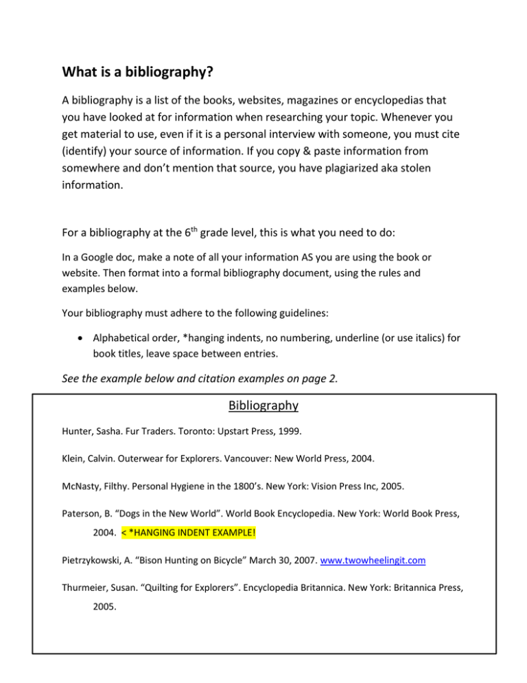 Bibliography Guide for 6th Grade: Citing Sources