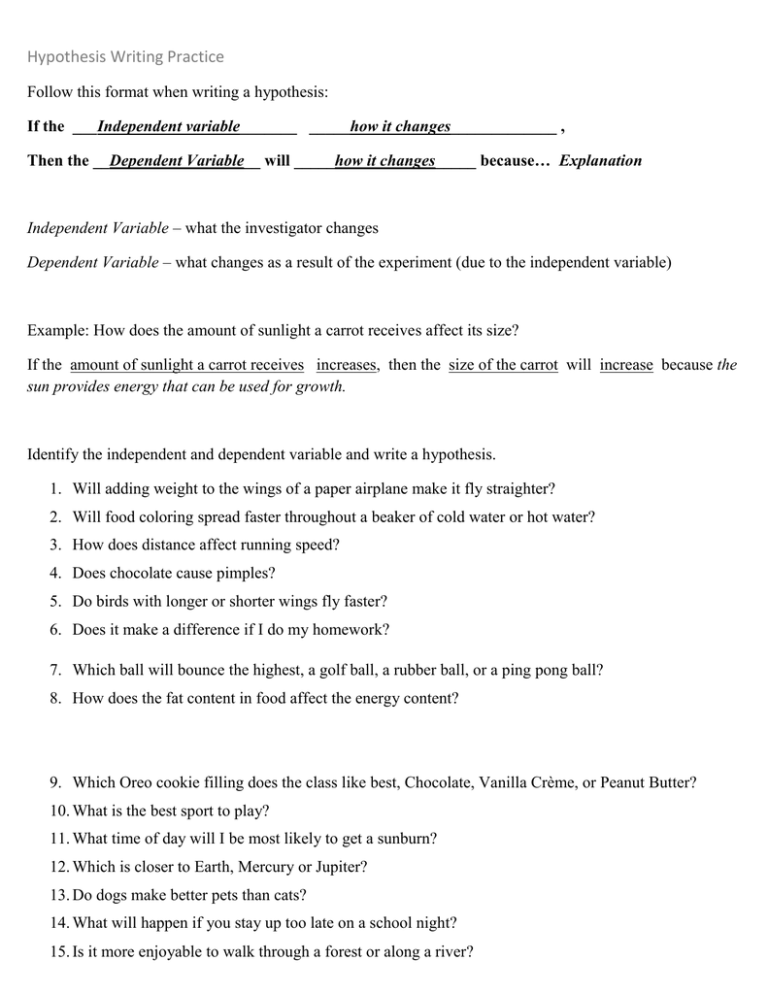 Hypothesis Writing Practice Worksheet