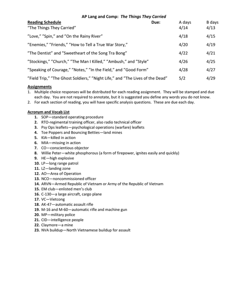 "The Things They Carried" Reading Schedule & Assignments