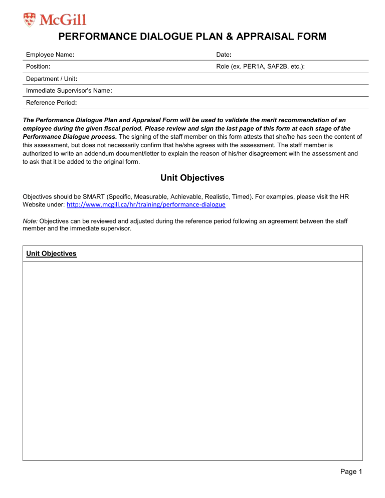 PERFORMANCE DIALOGUE PLAN & APPRAISAL FORM