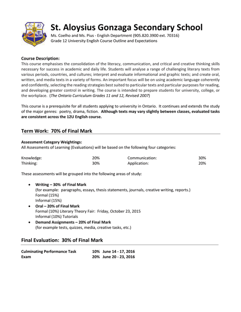 Grade 12 University English Course Outline