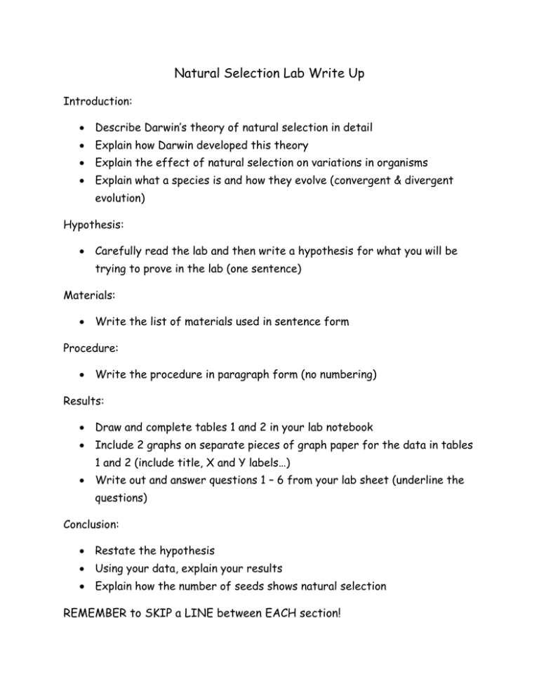Natural Selection Lab Write Up Guide