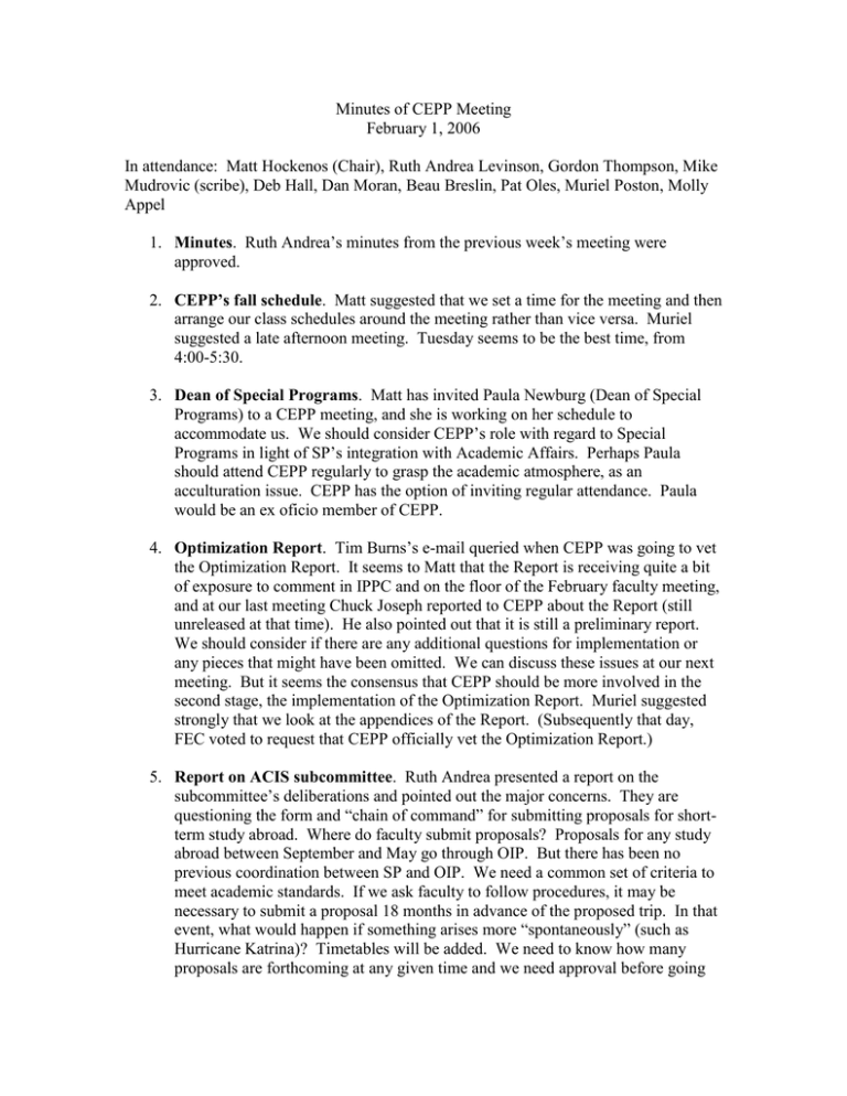 Minutes of CEPP Meeting February 1, 2006