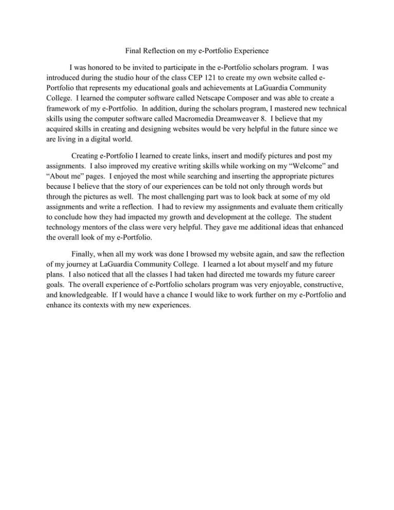 Final Reflection on my e-Portfolio Experience