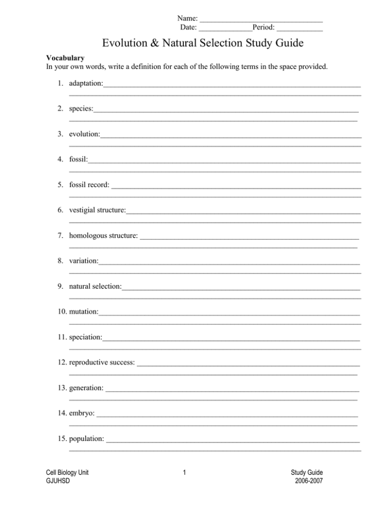 Evolution & Natural Selection Study Guide