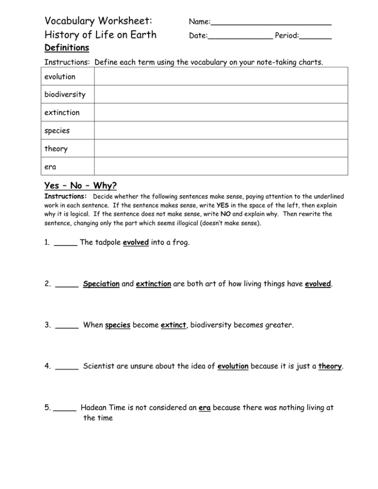 History of Life on Earth Vocabulary Worksheet
