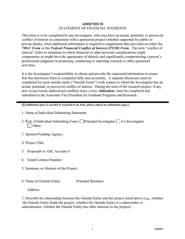 ADDENDUM STATEMENT OF FINANCIAL INTERESTS