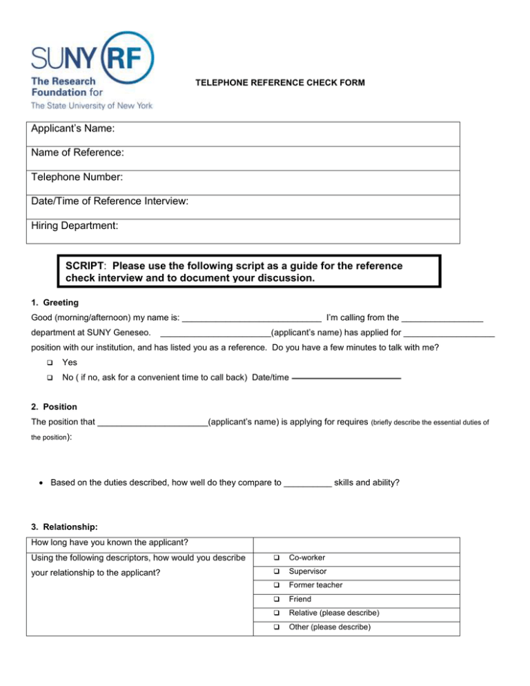 Telephone Reference Check Form - SUNY Geneseo