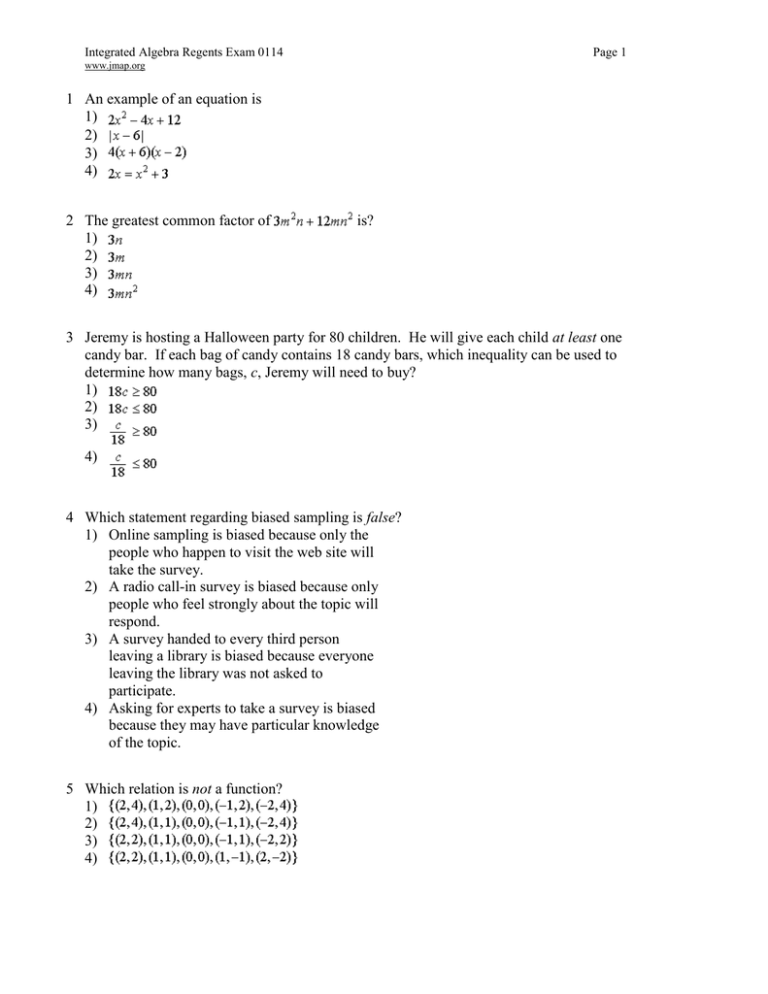 Integrated Algebra Regents Exam 0114