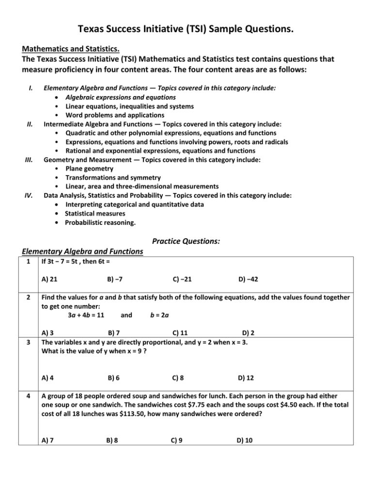 Texas Success Initiative (TSI) Sample Questions.