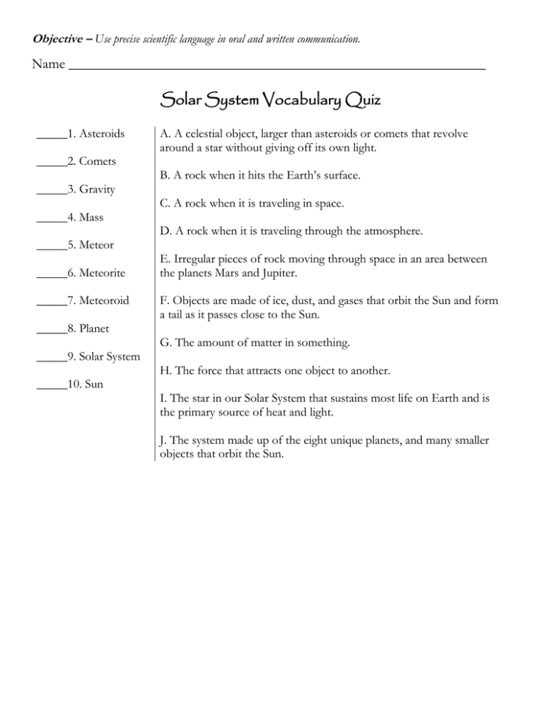 Solar System Vocabulary Quiz Name