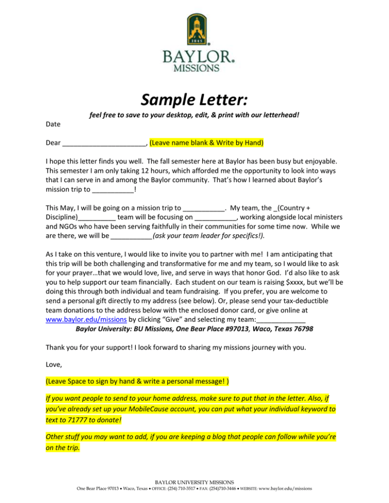 Baylor Missions Trip Support Letter Template