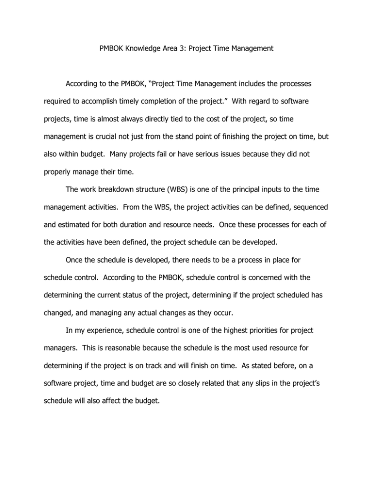 PMBOK Knowledge Area 3: Project Time Management