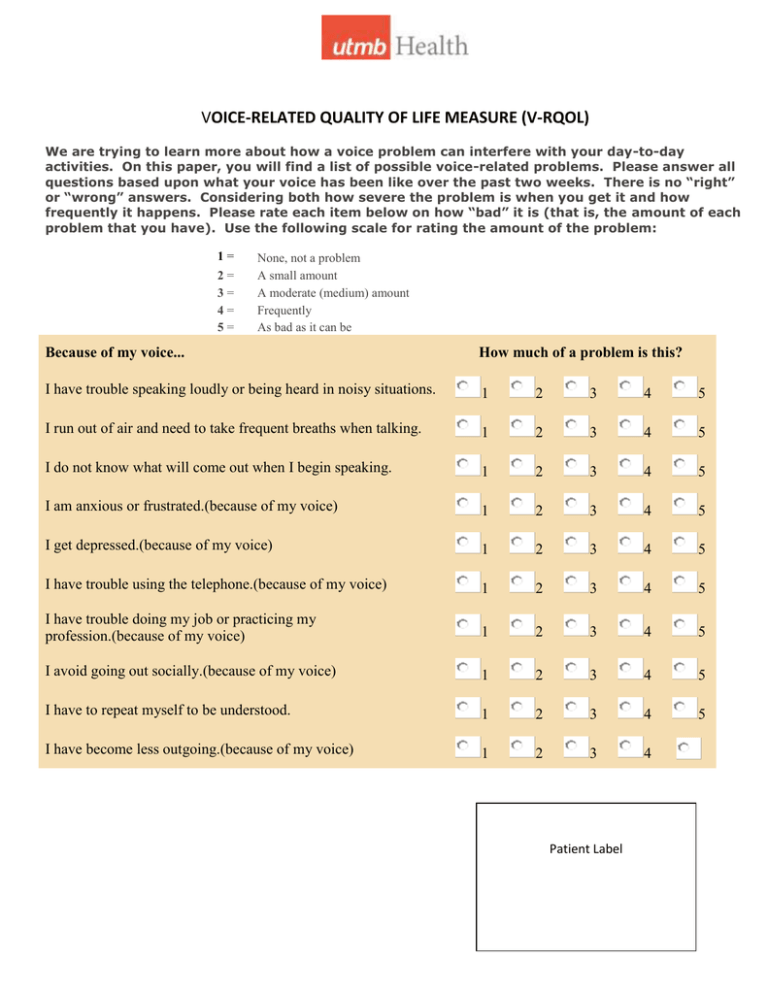 Voice-Related Quality of Life (V-RQOL) Questionnaire