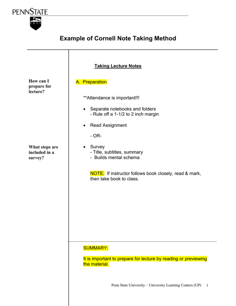 Cornell Note-Taking Method: Lecture Notes Guide
