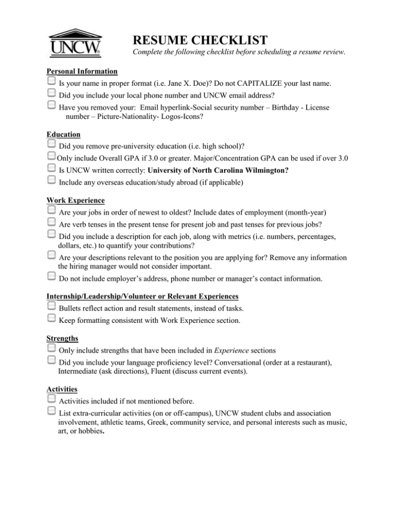 UNCW Resume Checklist: College Career Guide