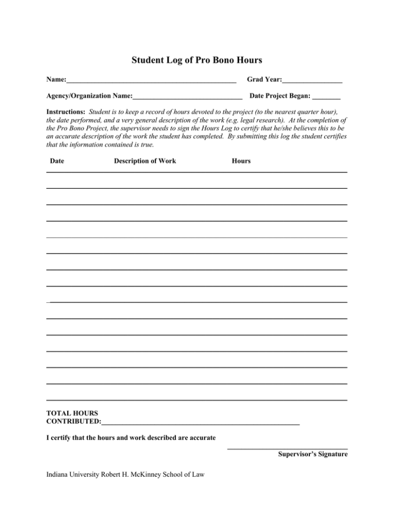 Student Log of Pro Bono Hours