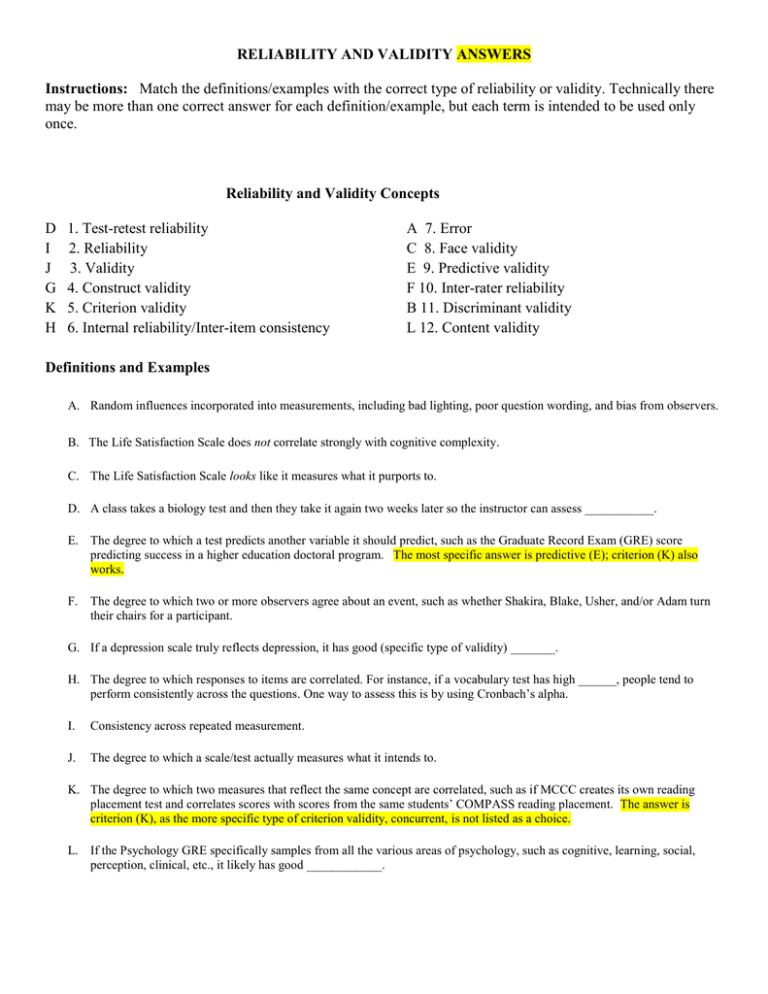 Reliability & Validity Worksheet: Definitions & Examples