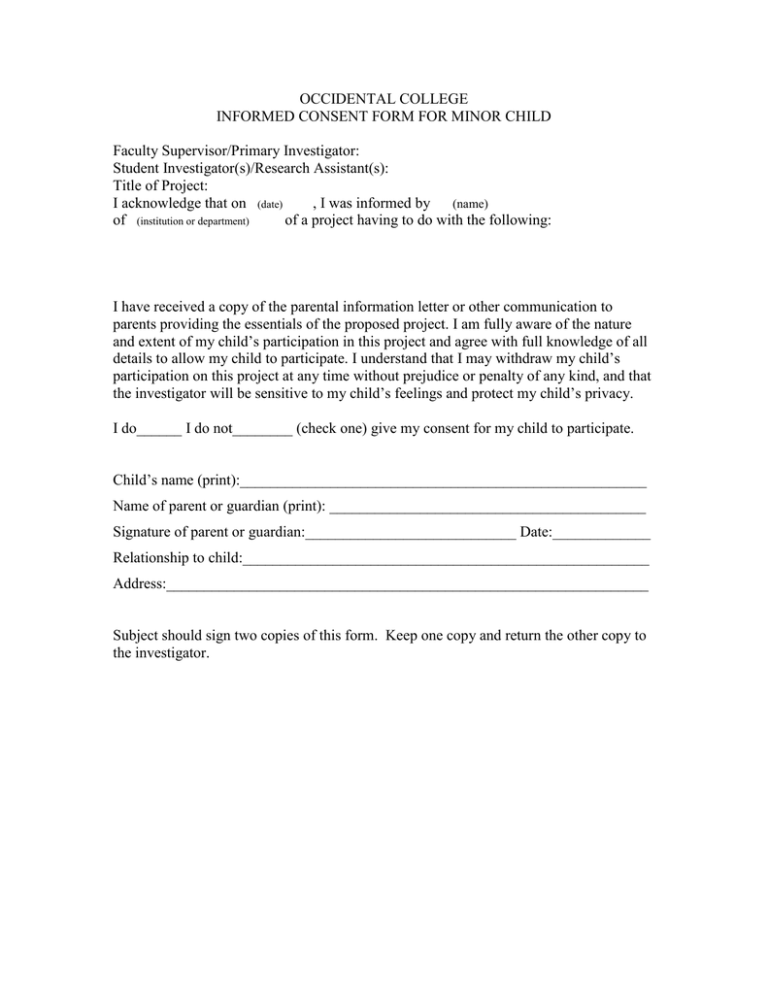 Minor Child Informed Consent Form - Occidental College