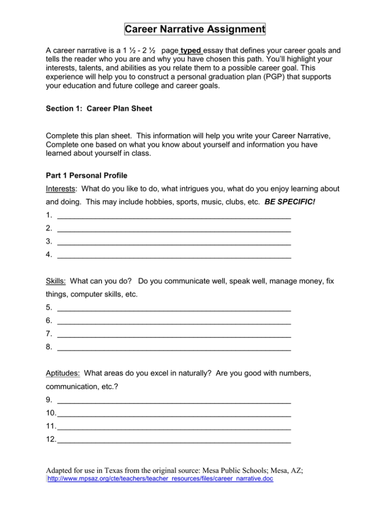 Career Narrative Assignment Worksheet