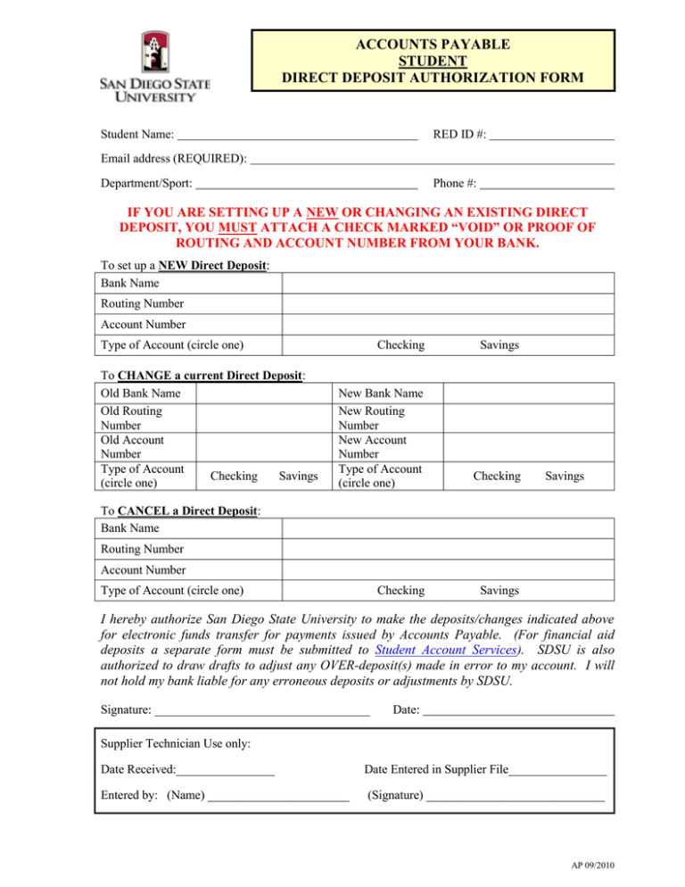ACCOUNTS PAYABLE STUDENT DIRECT DEPOSIT AUTHORIZATION FORM