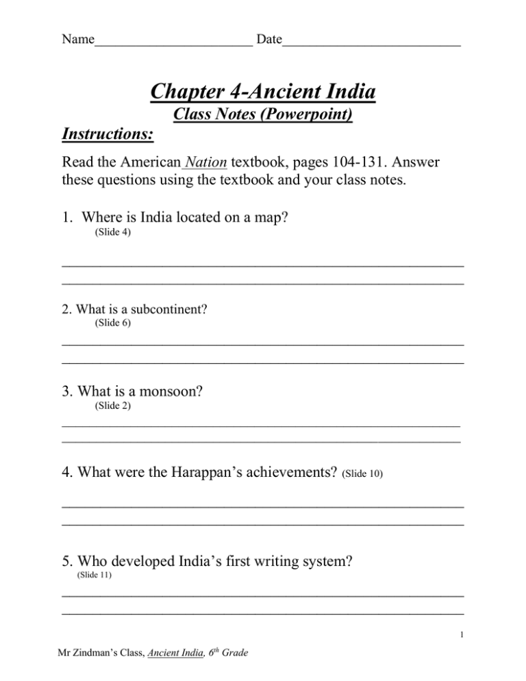 Ancient India Class Notes - 6th Grade